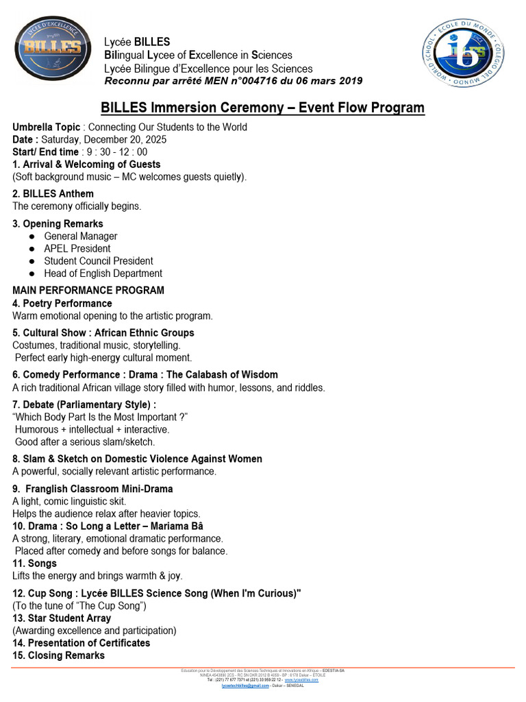 BILLES 2025 - Immersion Ceremony - Event Flow Program | PDF