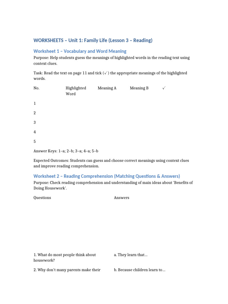Worksheets Unit1 Family Life | PDF | Reading Comprehension | Education ...