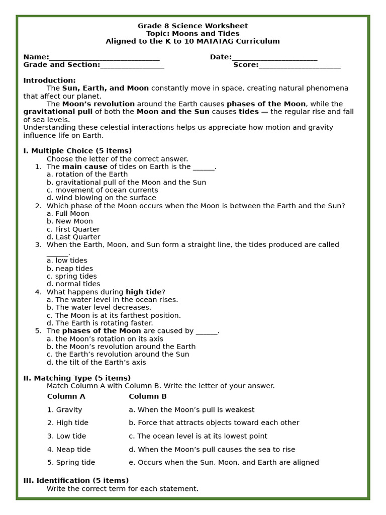Grade 8 Moons and Tides Worksheet | PDF | Tide | Moon