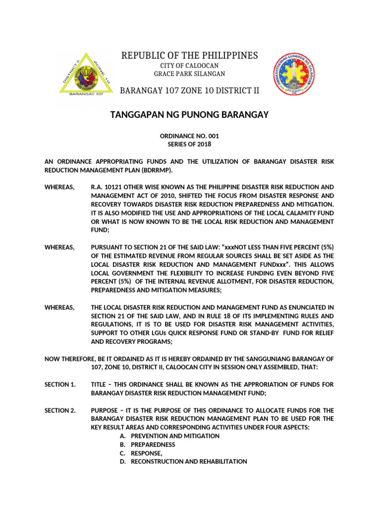 Ordinance 001 -2018 Appropriating Funds Bdrrm PLAN | PDF | Disaster ...