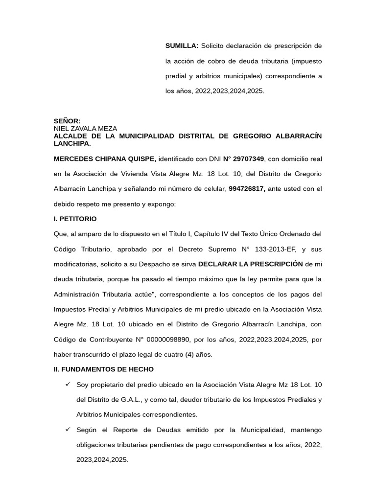 SUMILLA Mercedes Chipana Quispe | PDF | Estatuto de limitaciones | Gobierno