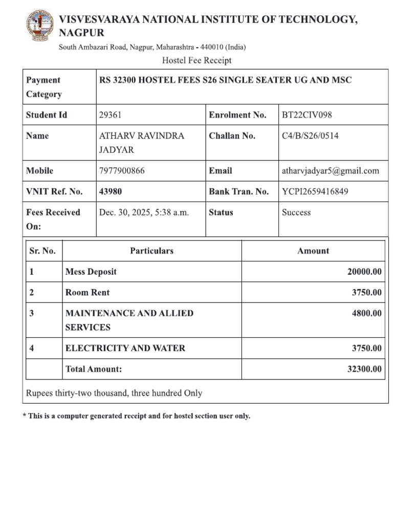 Hostel Fees S26 | PDF