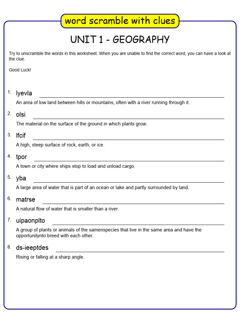 Geography Word Scramble Worksheet | PDF | River | Earth Sciences