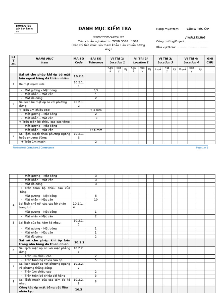 BM08 QT10 Danh Muc Kiem Tra Cong Tac Op Gach Tuong | PDF