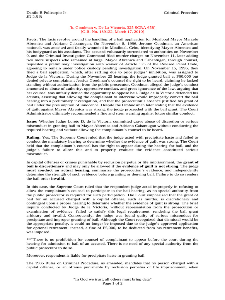 b. Goodman v. De La Victoria, 325 SCRA 658 | PDF | Bail | Prosecutor