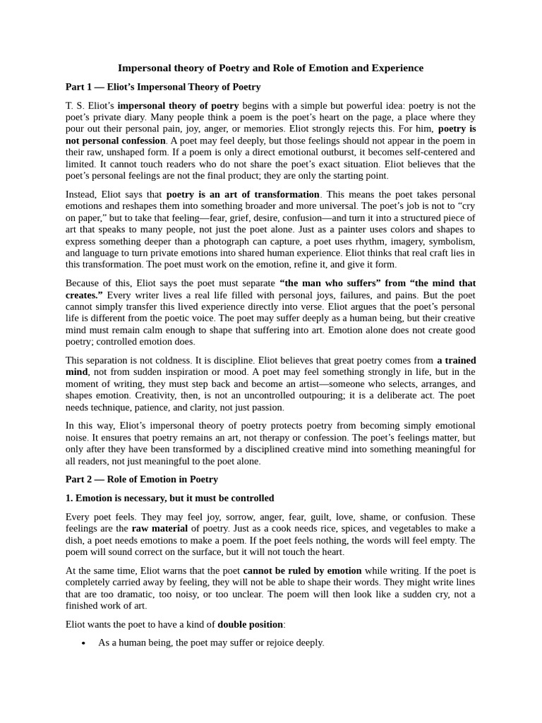 Impersonal Theory of Poetry and Role of Emotion and Experience | PDF ...