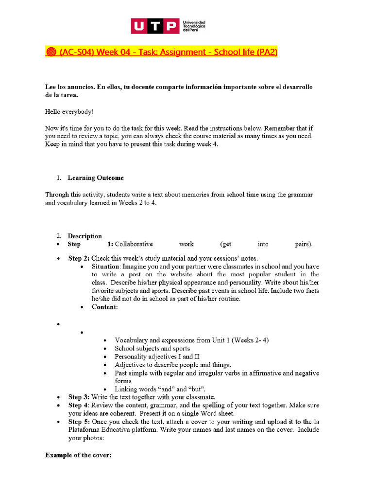 ? (AC-S02) Week 02 - Task Assignment - School life (PA2) (INGLES III) | PDF
