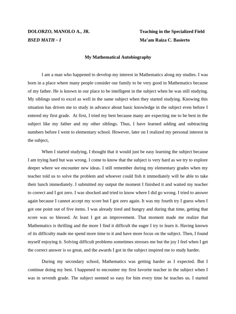 Mathematical Autobiography | PDF | Mathematics | Teachers