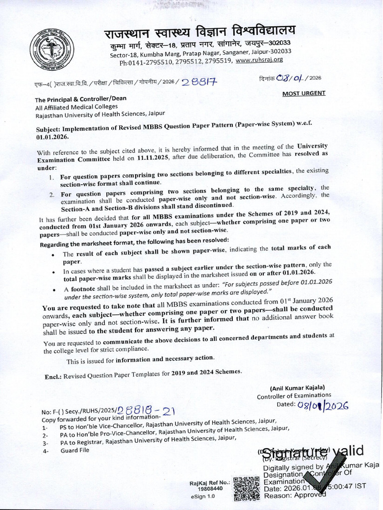 Letter Regarding New Template for MBBS Question Paper | PDF