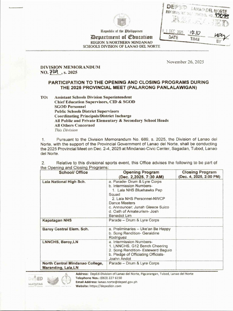 Participation to the Opening and Closing Programs During the 2025 ...