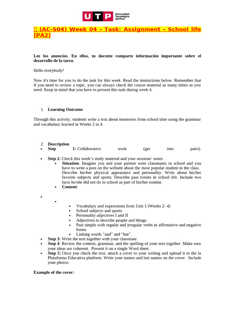 ? (AC-S02) Week 02 - Task Assignment - School Life (PA2) (INGLES 3) | PDF | Linguistic Typology ...