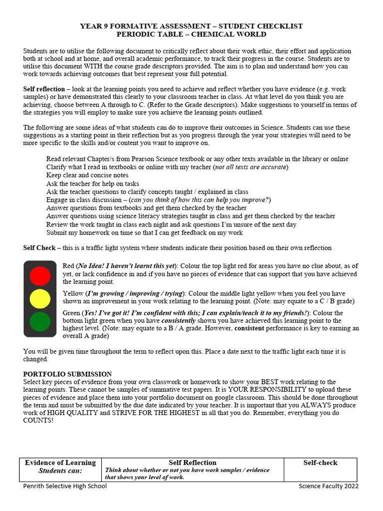 Year 9 Science Assessment Checklist | PDF | Teachers | Chemical Substances