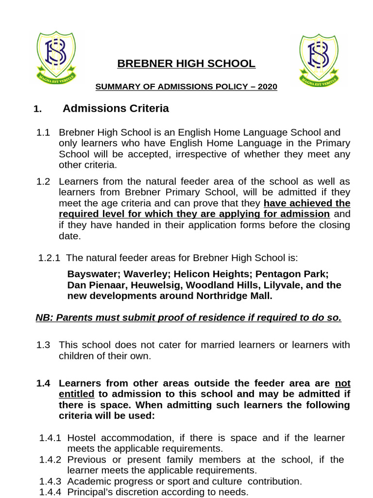 Brebner High School Admissions Policy 2020 | PDF