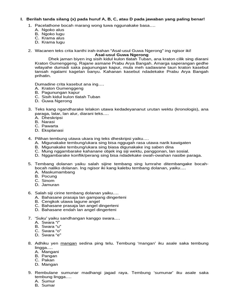 Soal Ujian Sekolah Bahasa Jawa Print | PDF