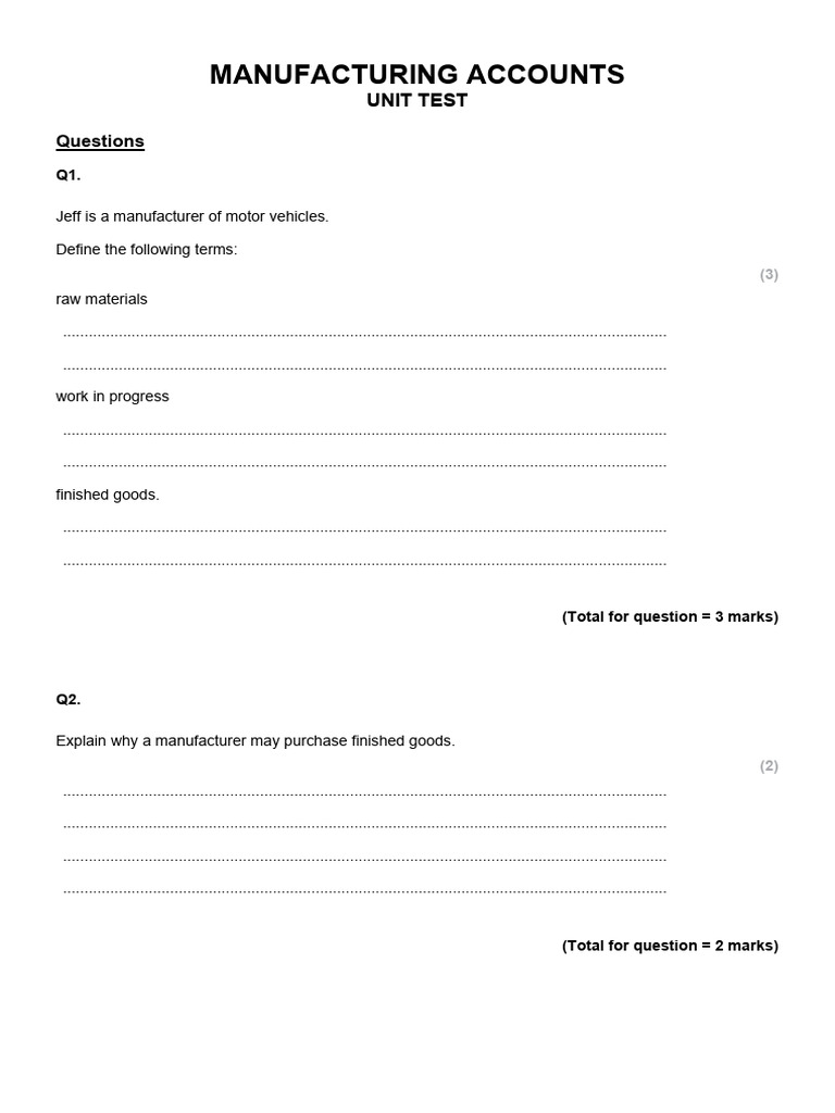 Manufacturing Account - Unit Test | PDF | Depreciation | Financial ...