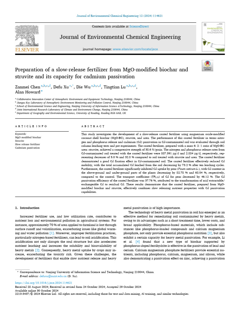 Preparation of a Slow-release Fertilizer From MgO-modified Biochar and ...
