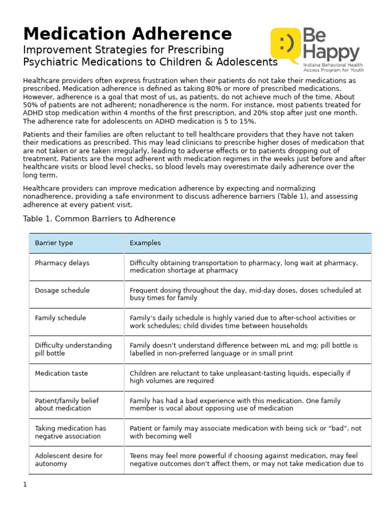 Be Happy Handout - Medication Adherence for Children and Teens | PDF ...