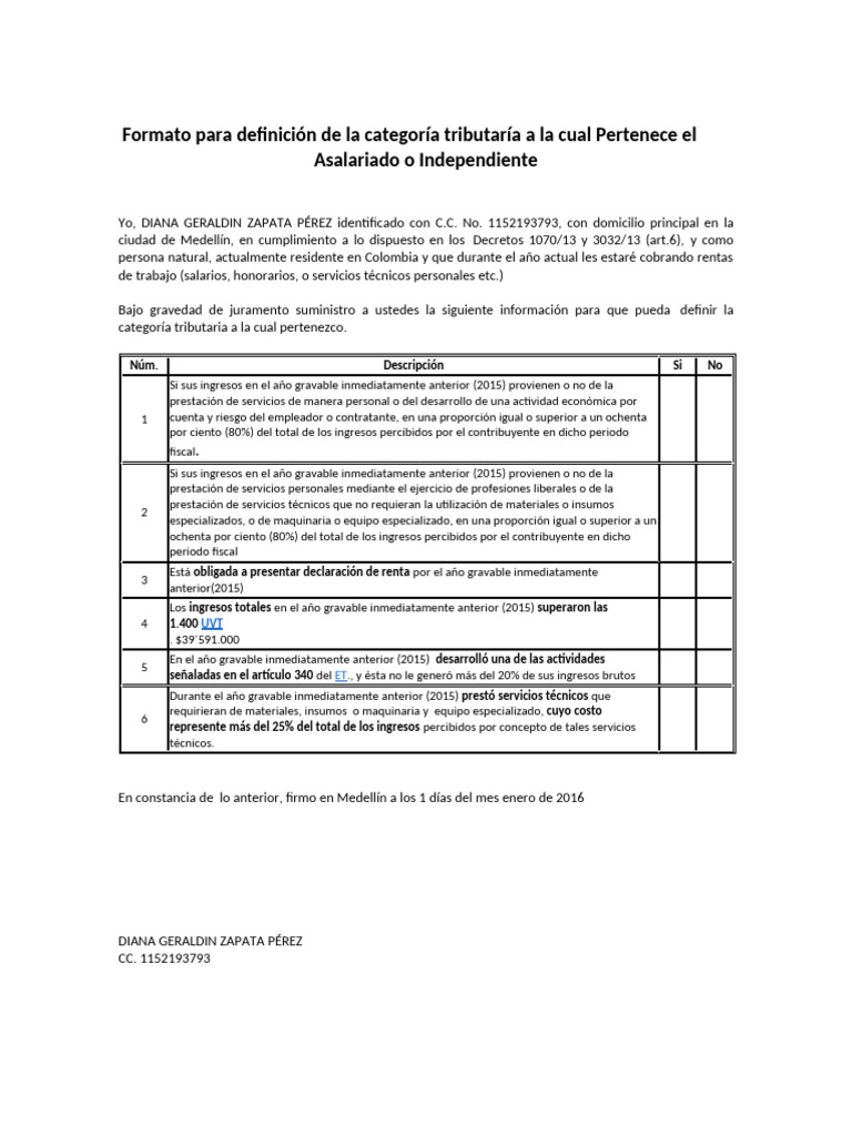 Formato para Definición de La Categoría Tributaría DIANA GERALDIN ...