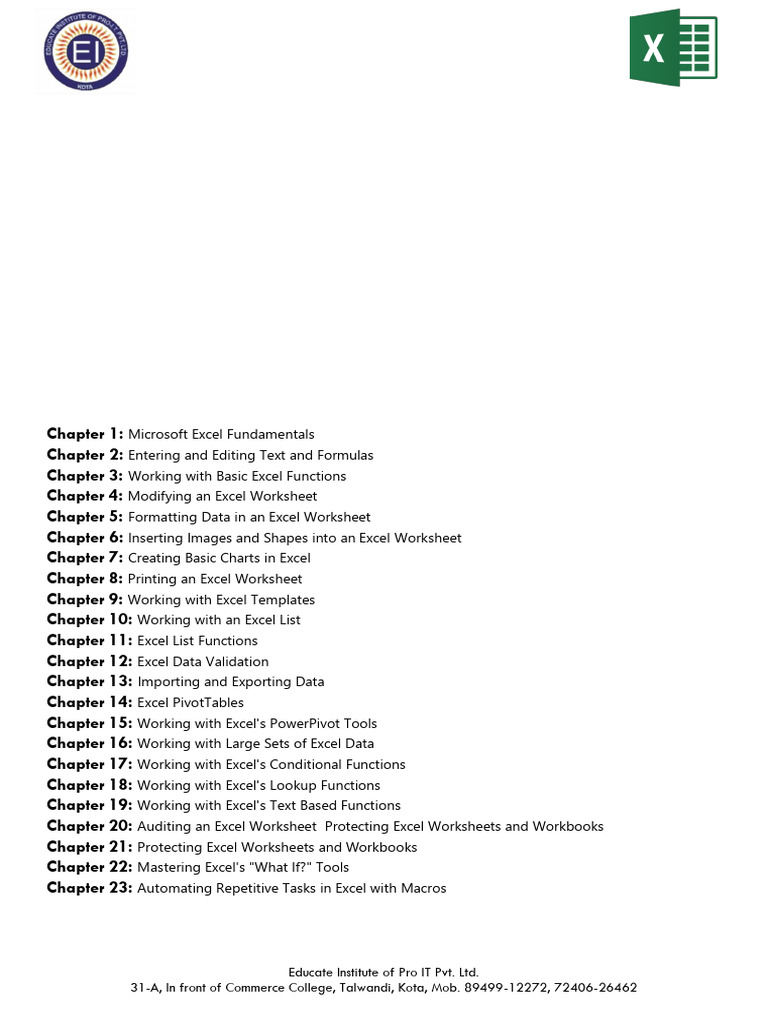 Advanced Excel Course at Educate Institute | PDF | Microsoft Excel ...