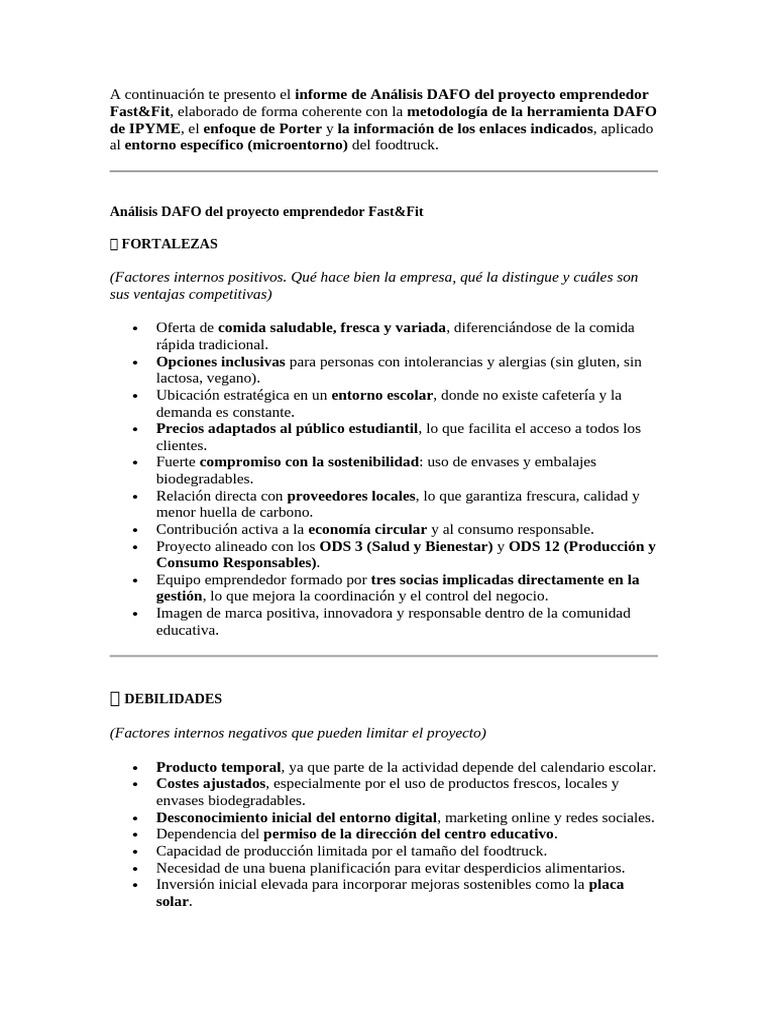 Análisis DAFO del Foodtruck Fast&Fit | PDF | Sustentabilidad | Análisis ...