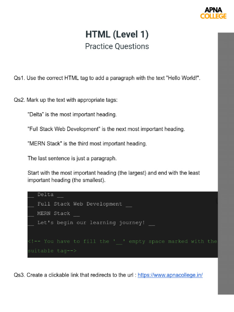 HTML (Level 1) Practice Questions | PDF