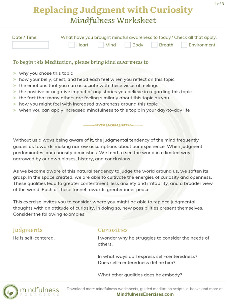 Mindfulness Worksheet: Curiosity Over Judgment | PDF | Mindfulness ...