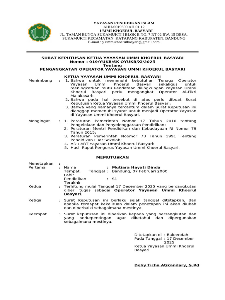 Contoh SK Operator Yayasan | PDF