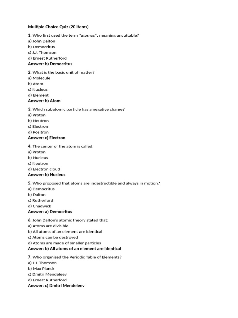 Science 8 Week 2 Long Quiz | PDF | Atoms | Atomic Nucleus