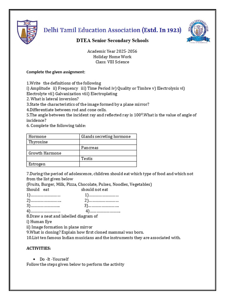 Class VIII Science Holiday Homework | PDF | Hormone