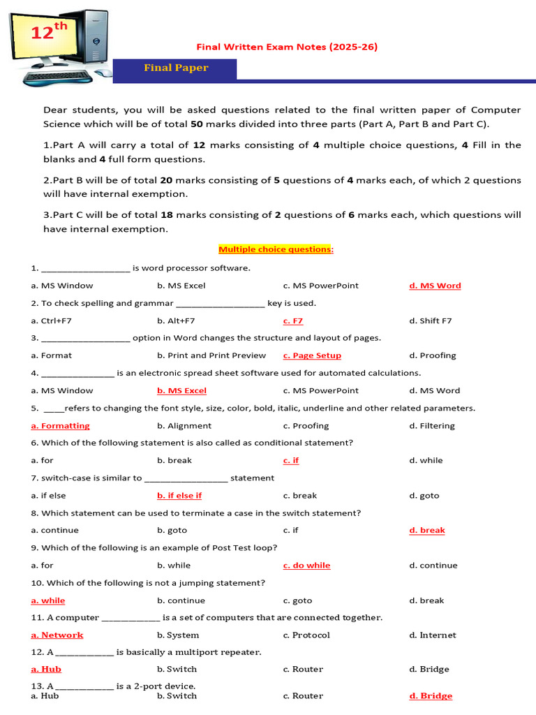 12th Class Notes For Final Paper (English Medium) 2025-26 | PDF ...