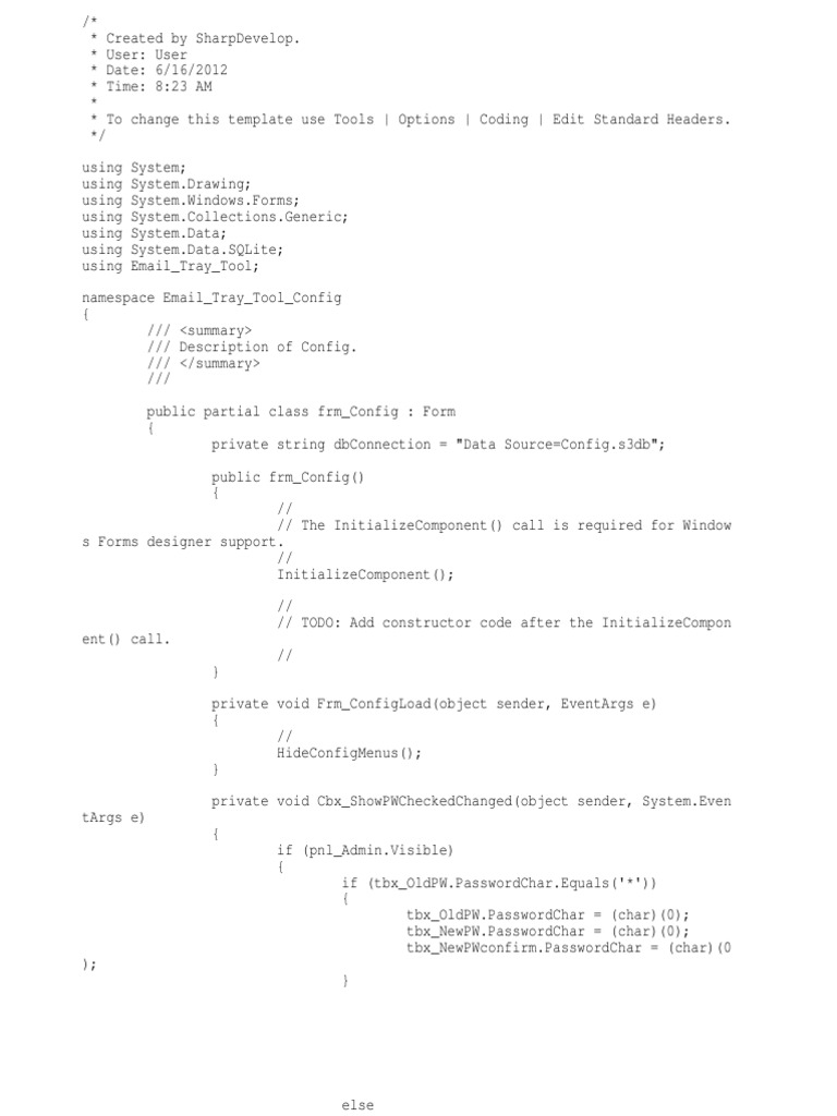 Email Tray Tool Using C# and Sharpdevelop (Part 2) | PDF | C Sharp (Programming Language) | Password