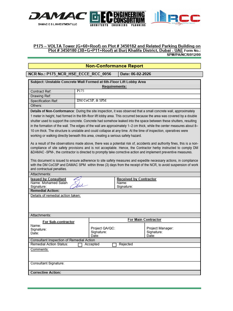 P175 - NCR - HSE - ECCE - RCC - 0056 - Unstable Concrete Wall Formed at ...