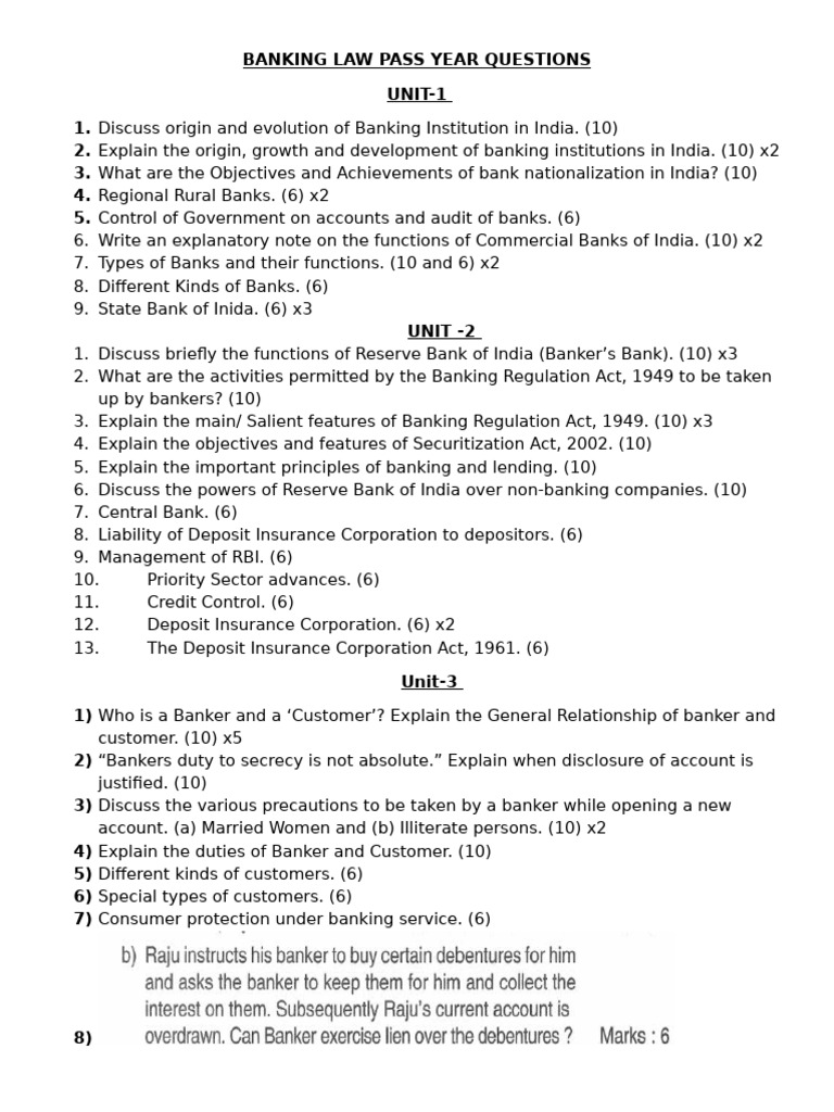 Banking Law Exam Questions Overview | PDF | Banks | Reserve Bank Of India