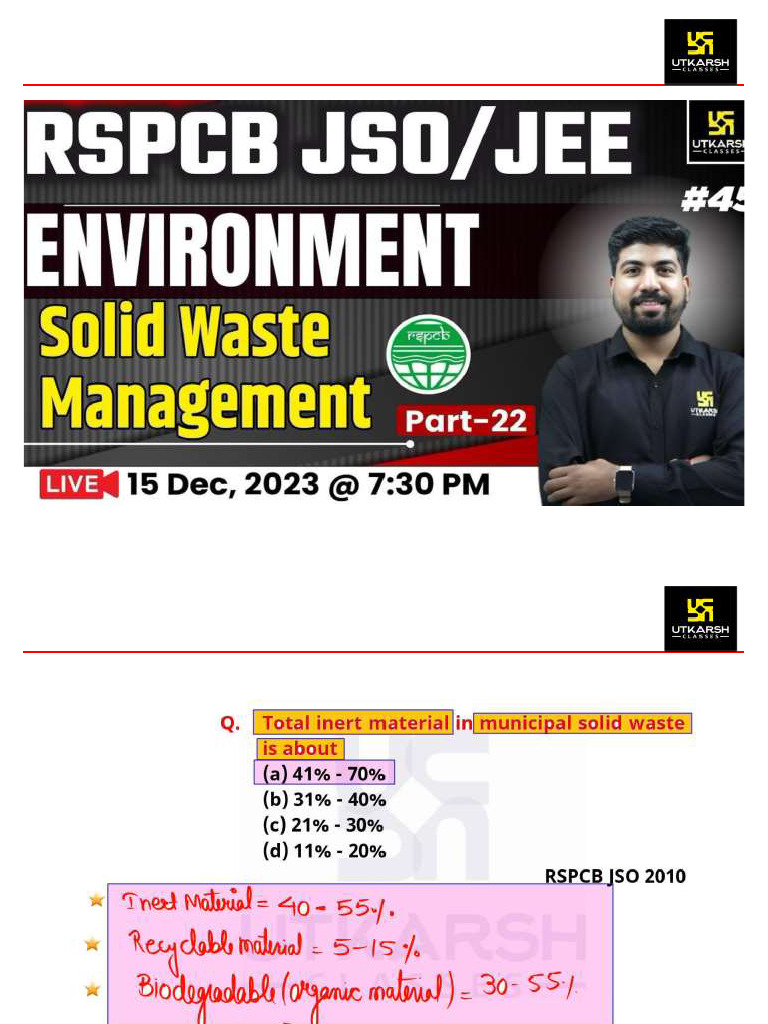 RSPCB JSOJEE 2023 Environment Solid Waste Management Civil Engineering ...