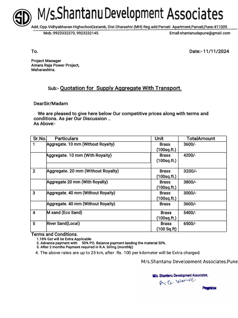 Revised Quotation For Supply Aggregate With Transport | PDF