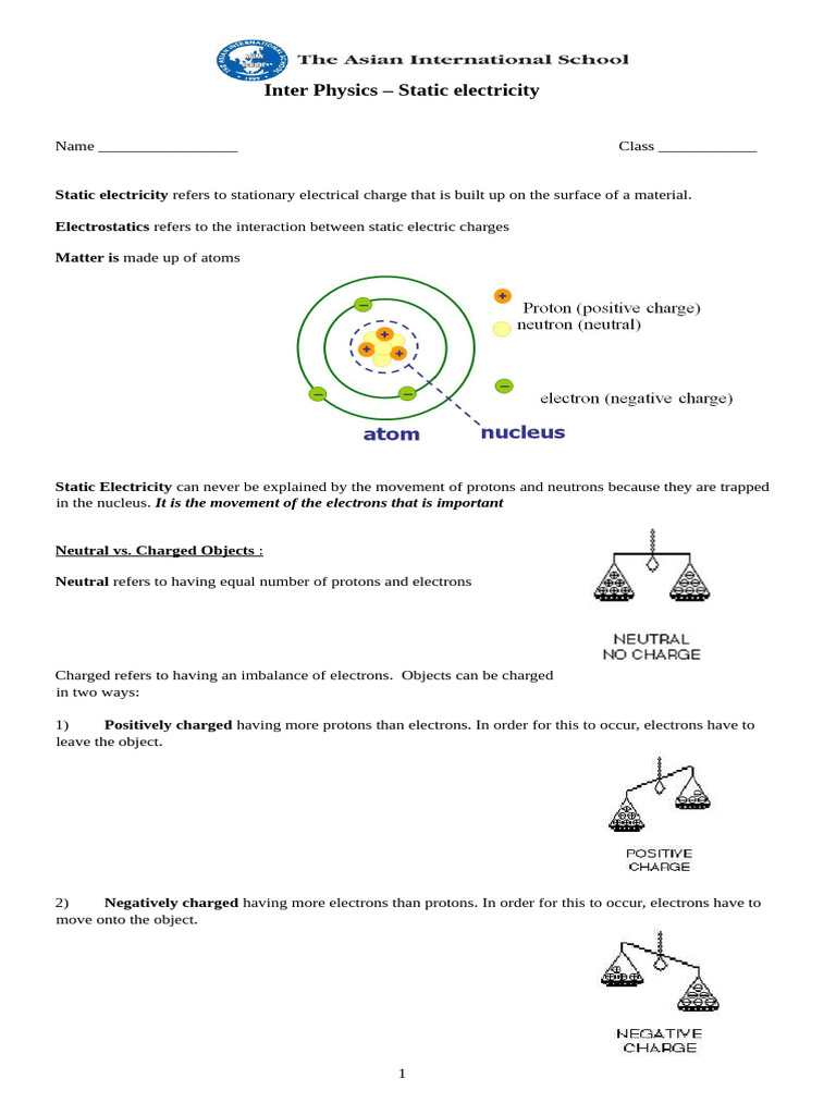 Charging Up - Static Electricity Worksheet | PDF | Electric Charge ...