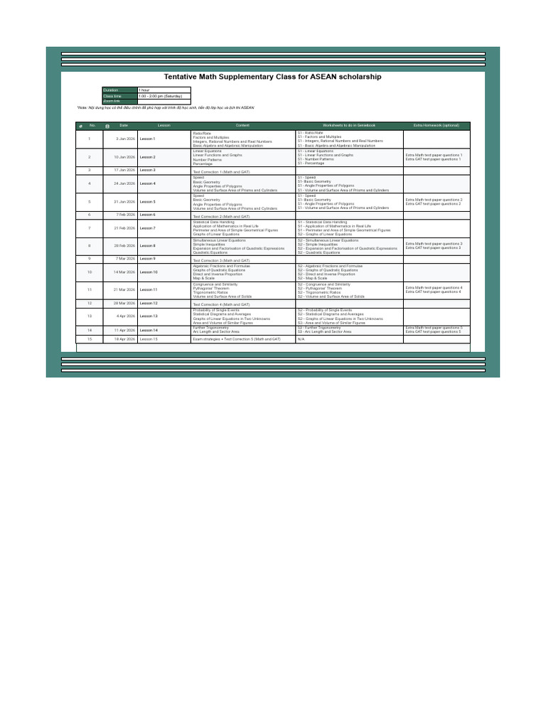 ASEAN Math Supplementary Class Schedule | PDF | Equations | Quadratic ...