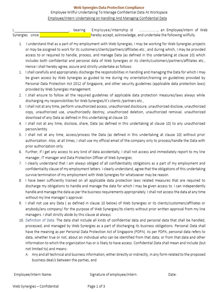 Employee Undertaking On Handling and Managing Confidential Data | PDF ...