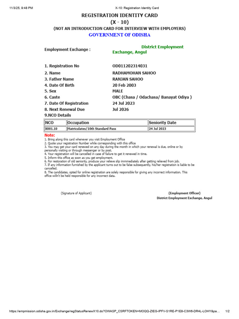 Odisha Employment Registration Card | PDF | Chess Openings | Chess