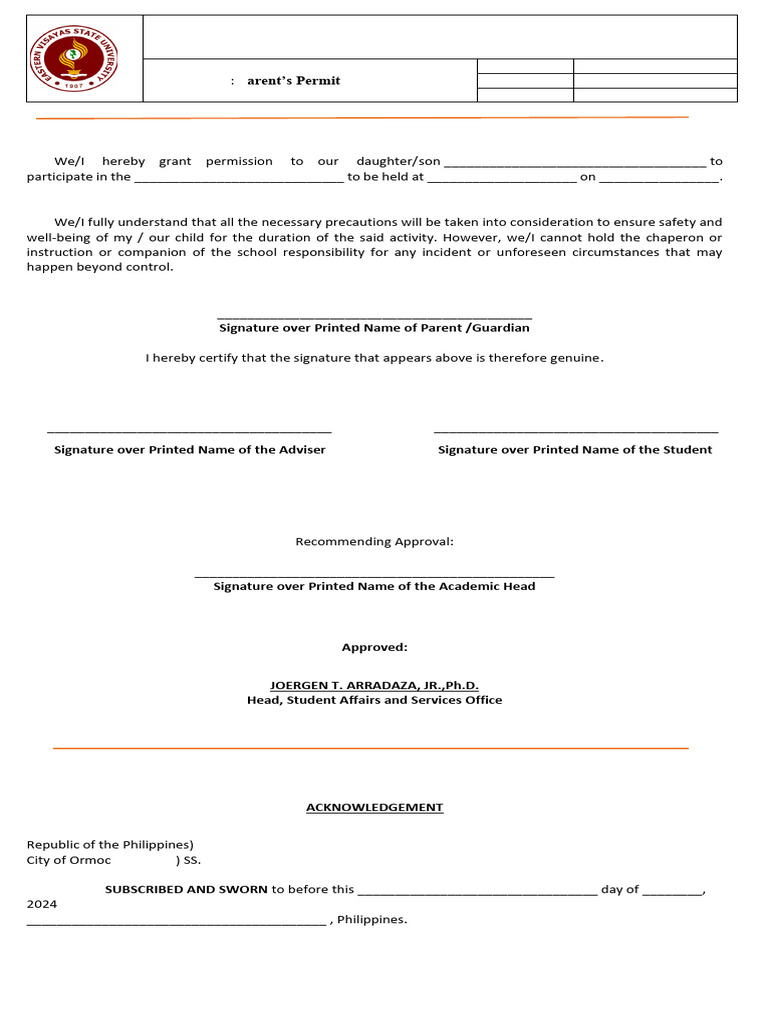 Parent's Permit Form for EVSU Activities | PDF