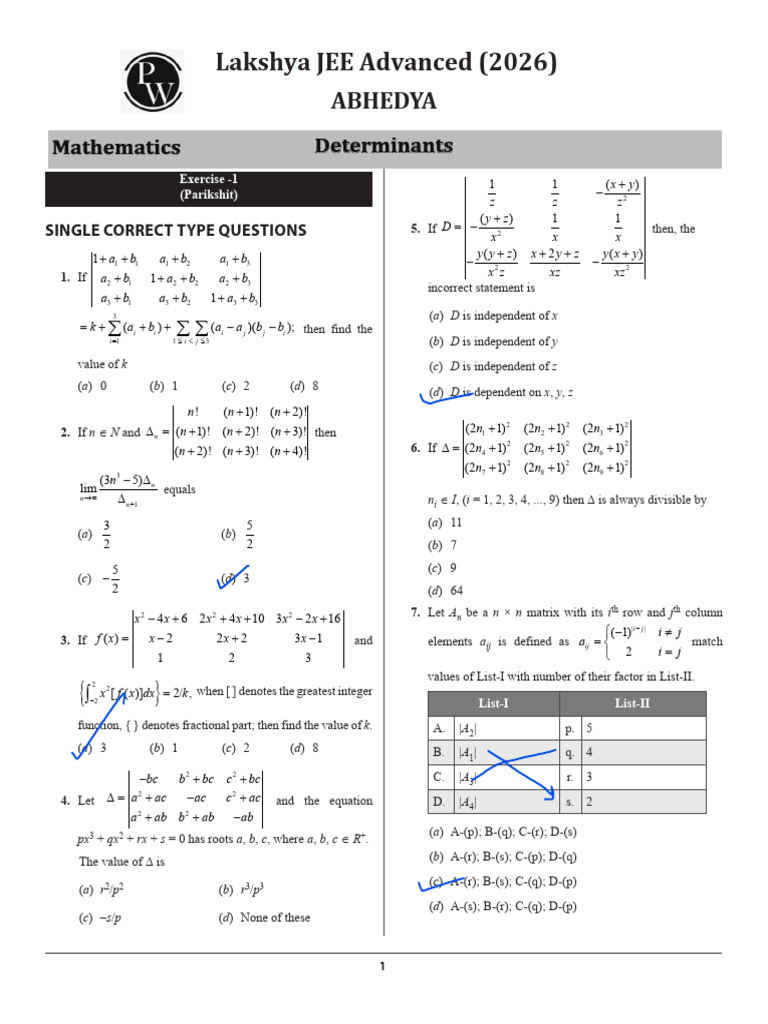 Determinants - JEE Advanced Practice Sheet - Lakshya JEE 2026 | PDF ...