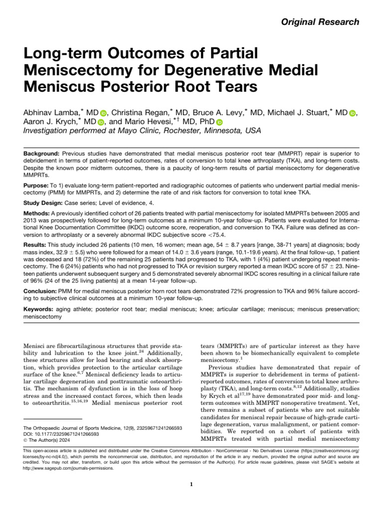Long-Term Outcomes of Partial Meniscectomy For Degenerative Medial ...