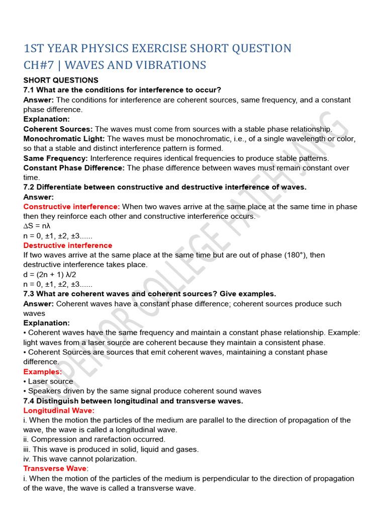 1st Year Physics: Waves & Vibrations Q&A | PDF | Waves | Coherence ...