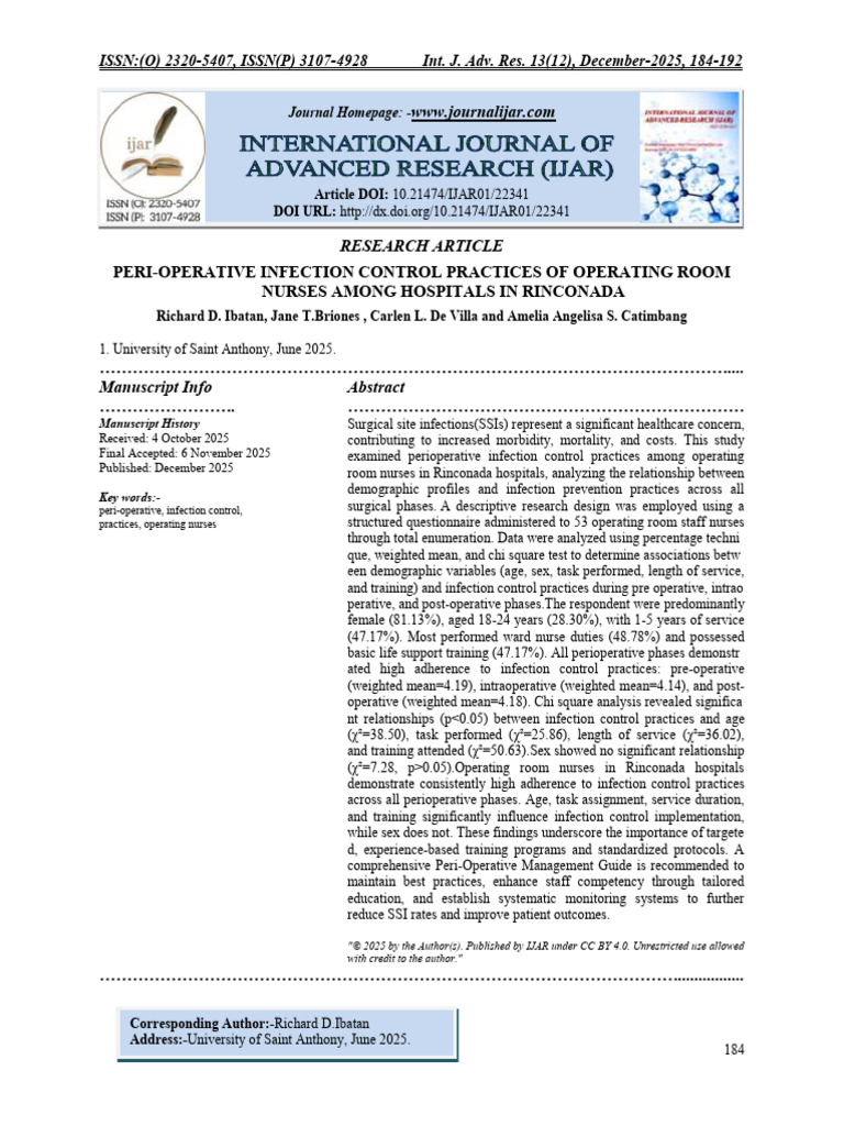 PERI-OPERATIVE INFECTION CONTROL PRACTICES OF OPERATING ROOM NURSES ...