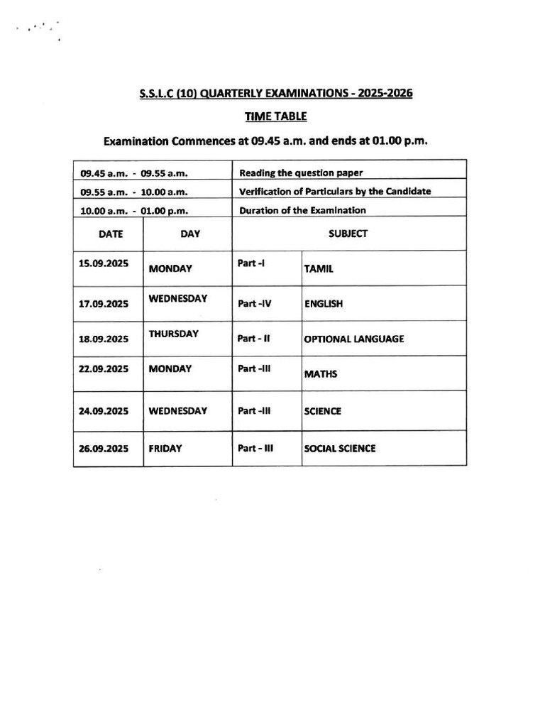Quarterly Exam SSLC Time Table 2025 - 2026 | PDF