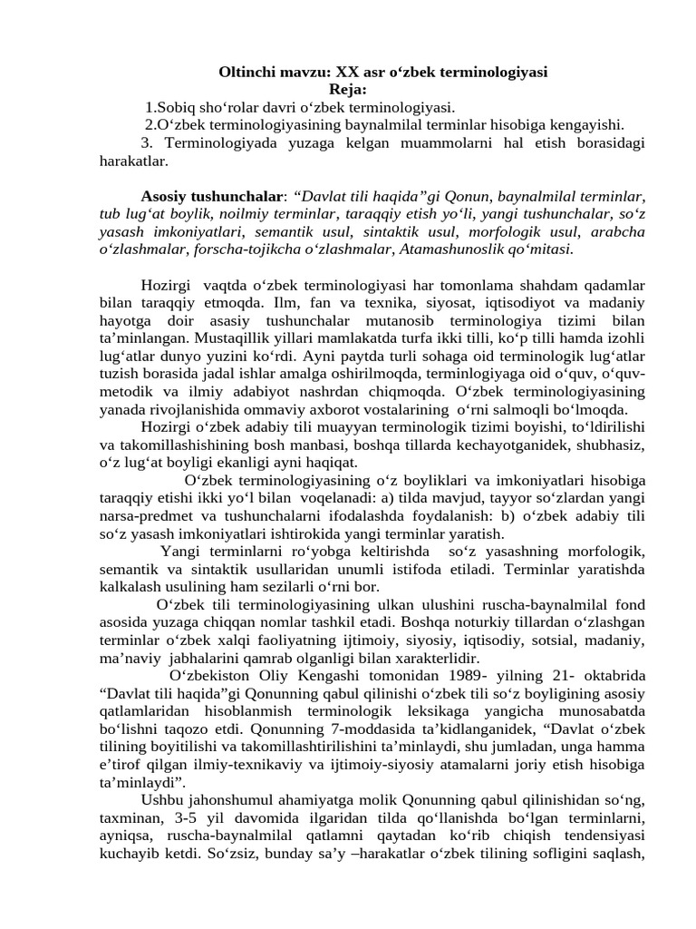 Oltinchi Mavzu: XX Asr o Zbek Terminologiyasi Reja | PDF