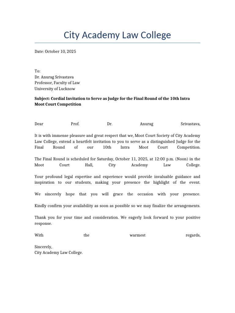 Invitation to Judge Moot Court Finals | PDF