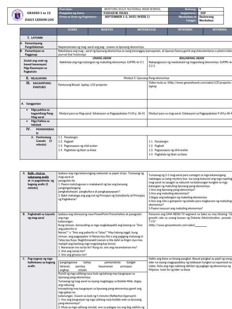 DLL - ESP 9 Week Q2 Detailed Lesson Plan | PDF