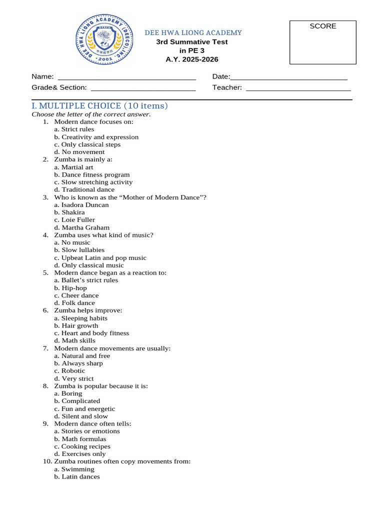 PE-3-Summative Test With Answer Key For Editing | PDF | Dances ...