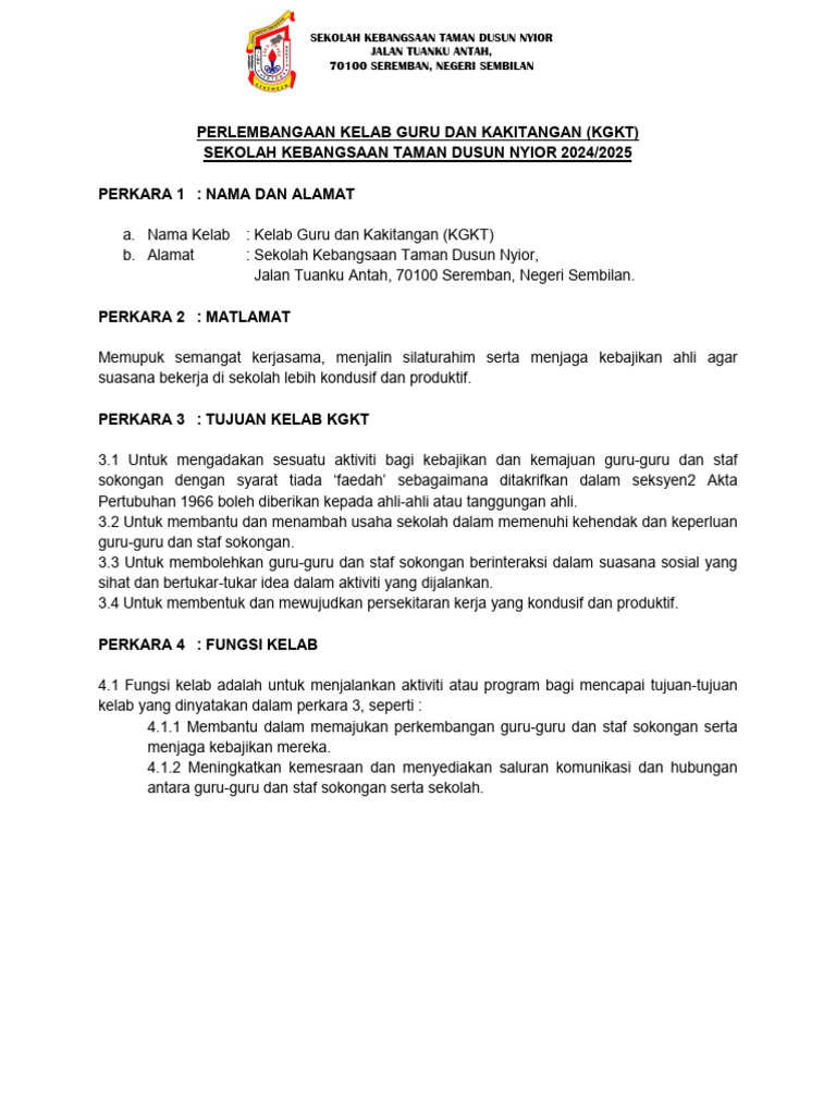 Perlembagaan Kelab KGKT SKTDN 2024-2025.doc New | PDF